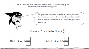 Year 4 Maths worksheet: Division with remainders written as fractions ...